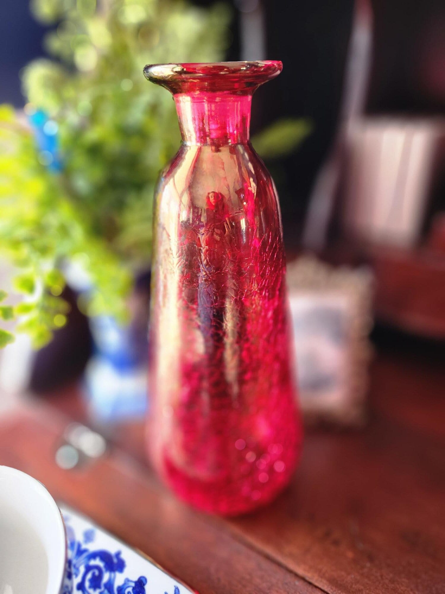 Vintage Red Crackle Glass Decanter No Stopper Retro Vase Etsy