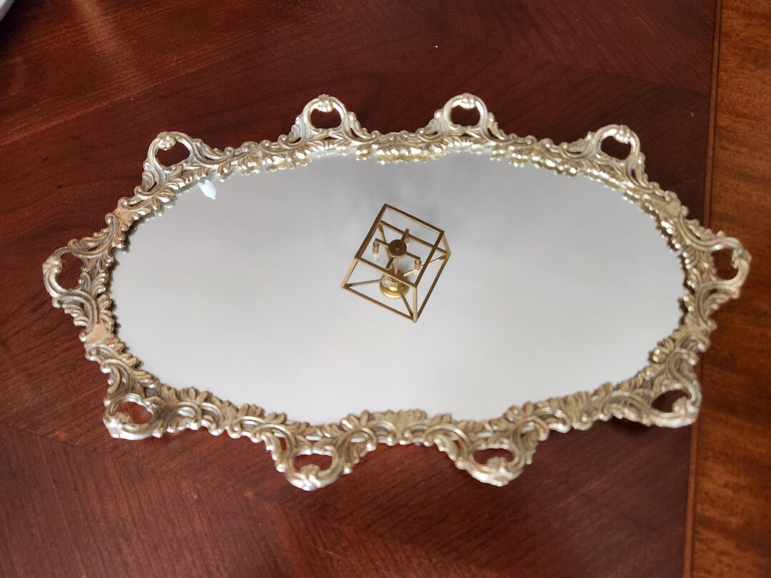 Vintage Brass Vanity Mirrored Tray, Made in Japan, Red Velvet Bottom, Ornate Tray, 14.5 Long 7. ...