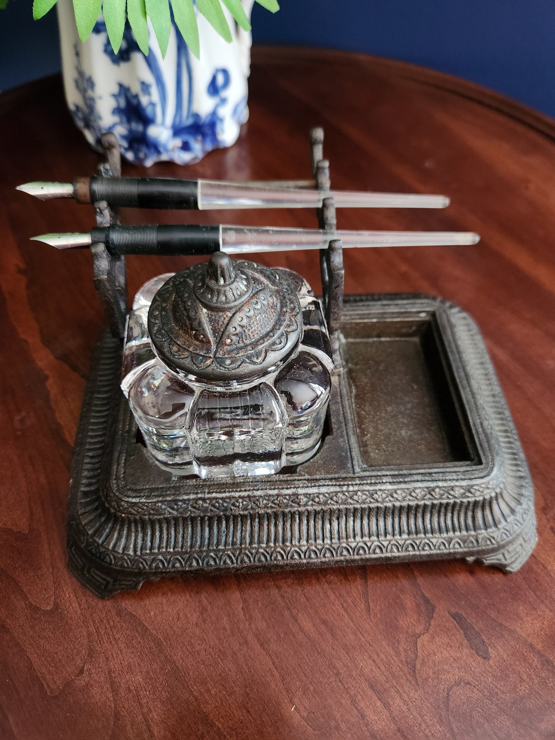 Cast Iron Ink Well Stand With Glass Ink Well With Lid Two Esterbrook ...