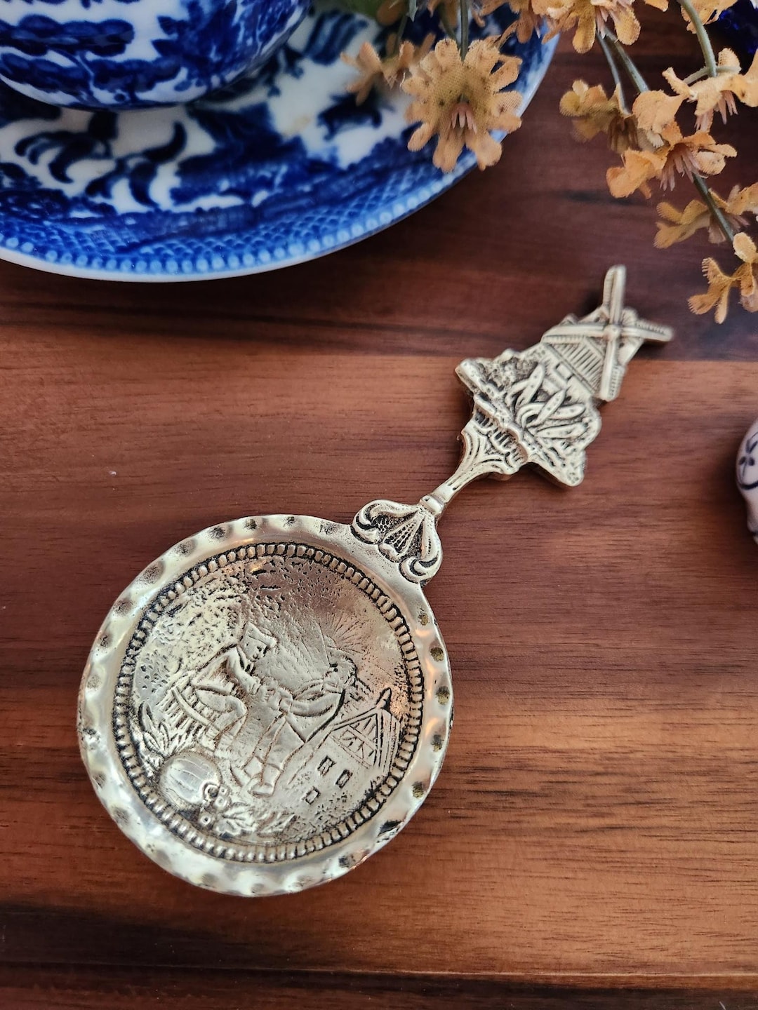 Brass Tea Caddy Spoon With Windmill on Top, Harvest Scene Two Men, Barn ...