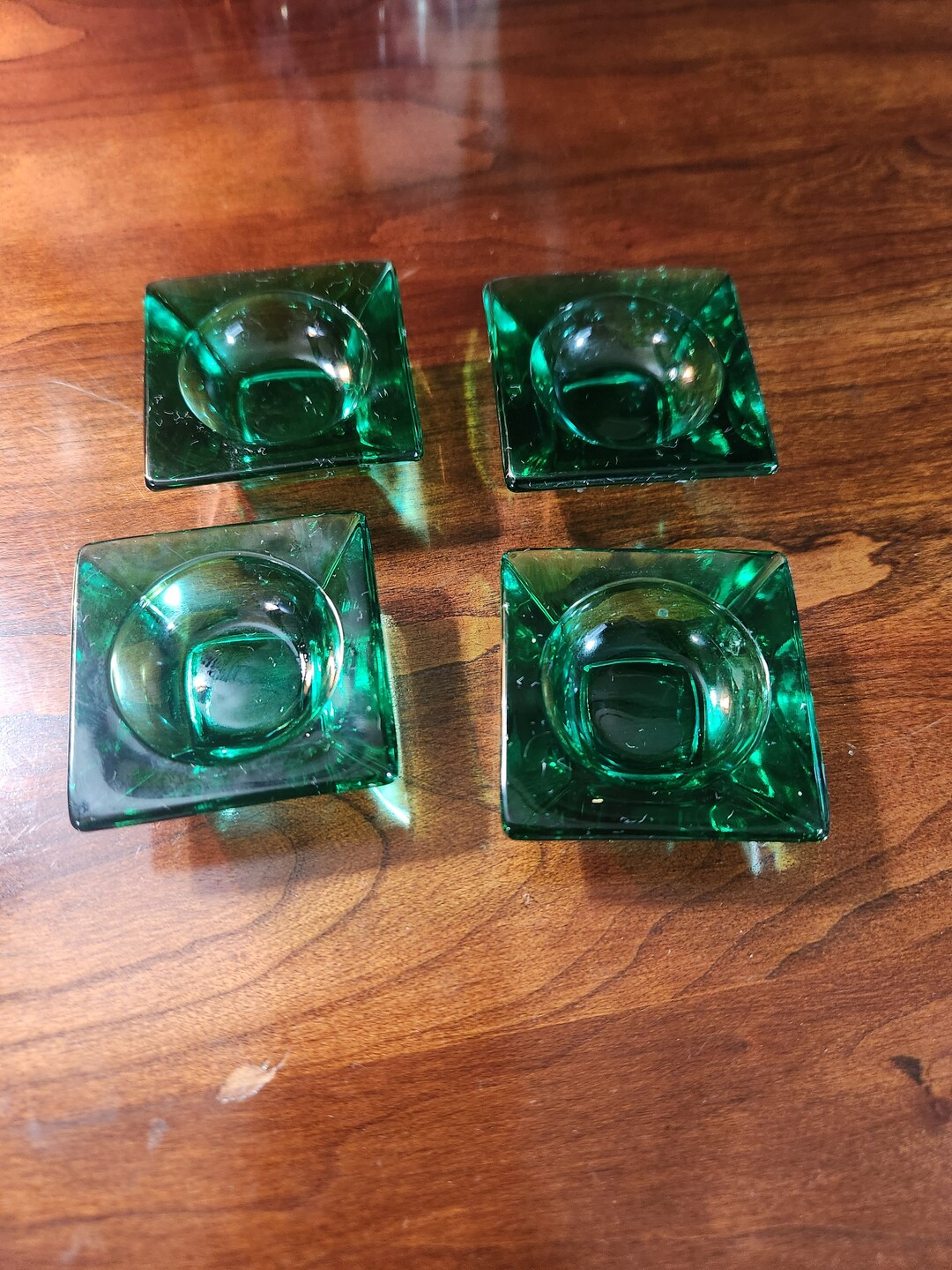 Lot of 4 Emerald Green Glass Salt Cellars, 2" X 2", Table Accessory ...