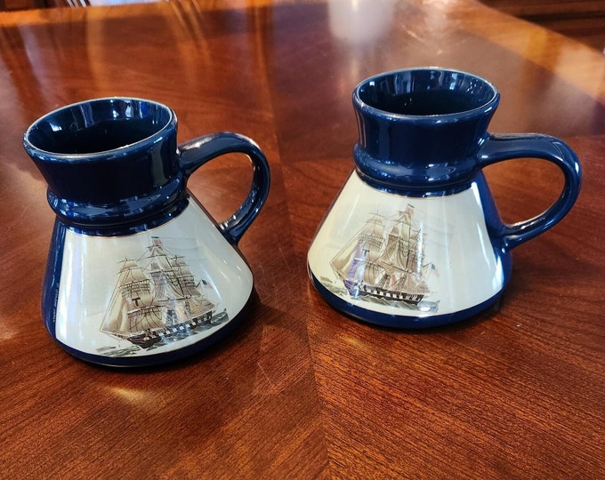 Pair of Vintage No Spill White Diamond Line Clipper Nautical Mugs by ...
