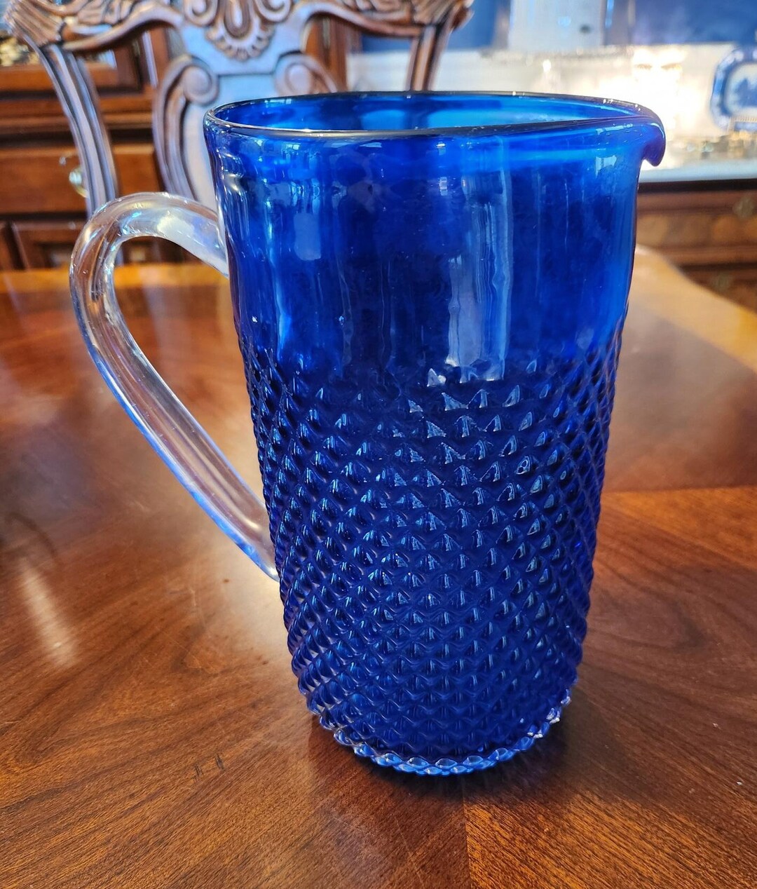 Blue Art Glass Pitcher With Clear Handle Diamond Pattern 9.5 Tall 4 3/4 ...
