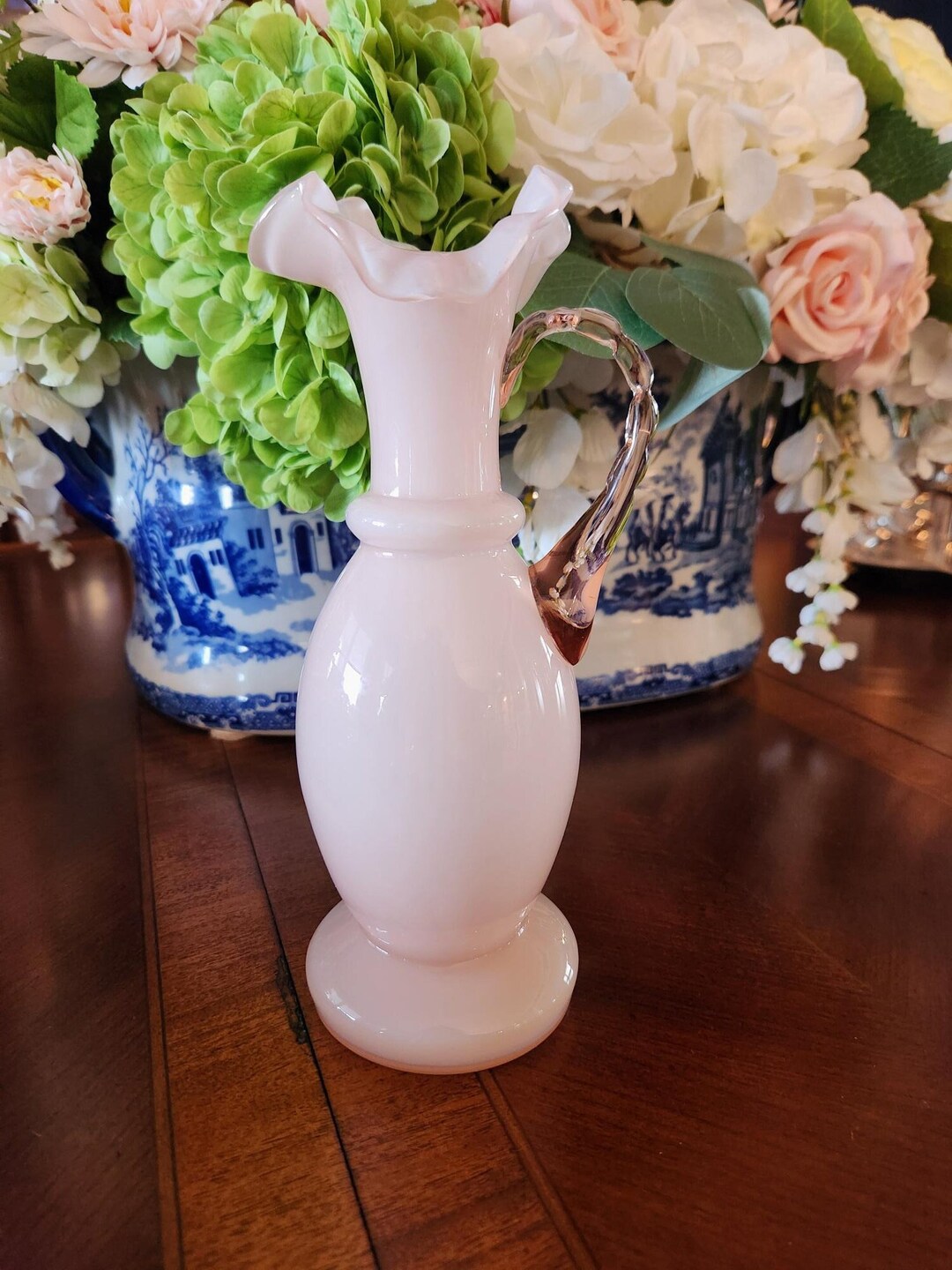 Fenton Glass Pink Overlay Pitcher, 8.75 Tall, Ruffle Top, Vase ...