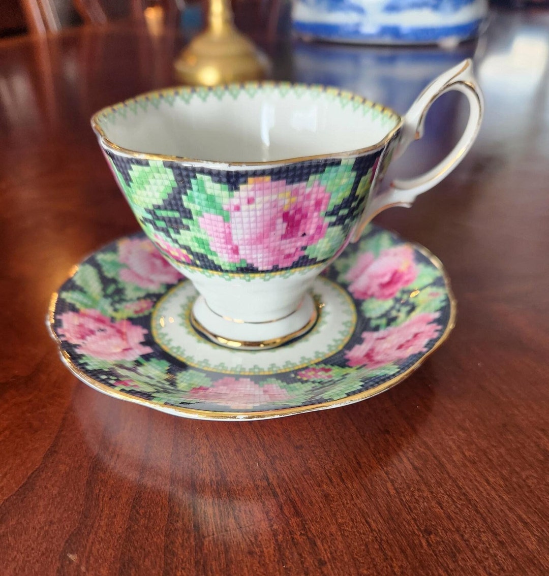 Royal Albert Needle Point Tea Cup and Saucer, Pink Roses, England - Etsy