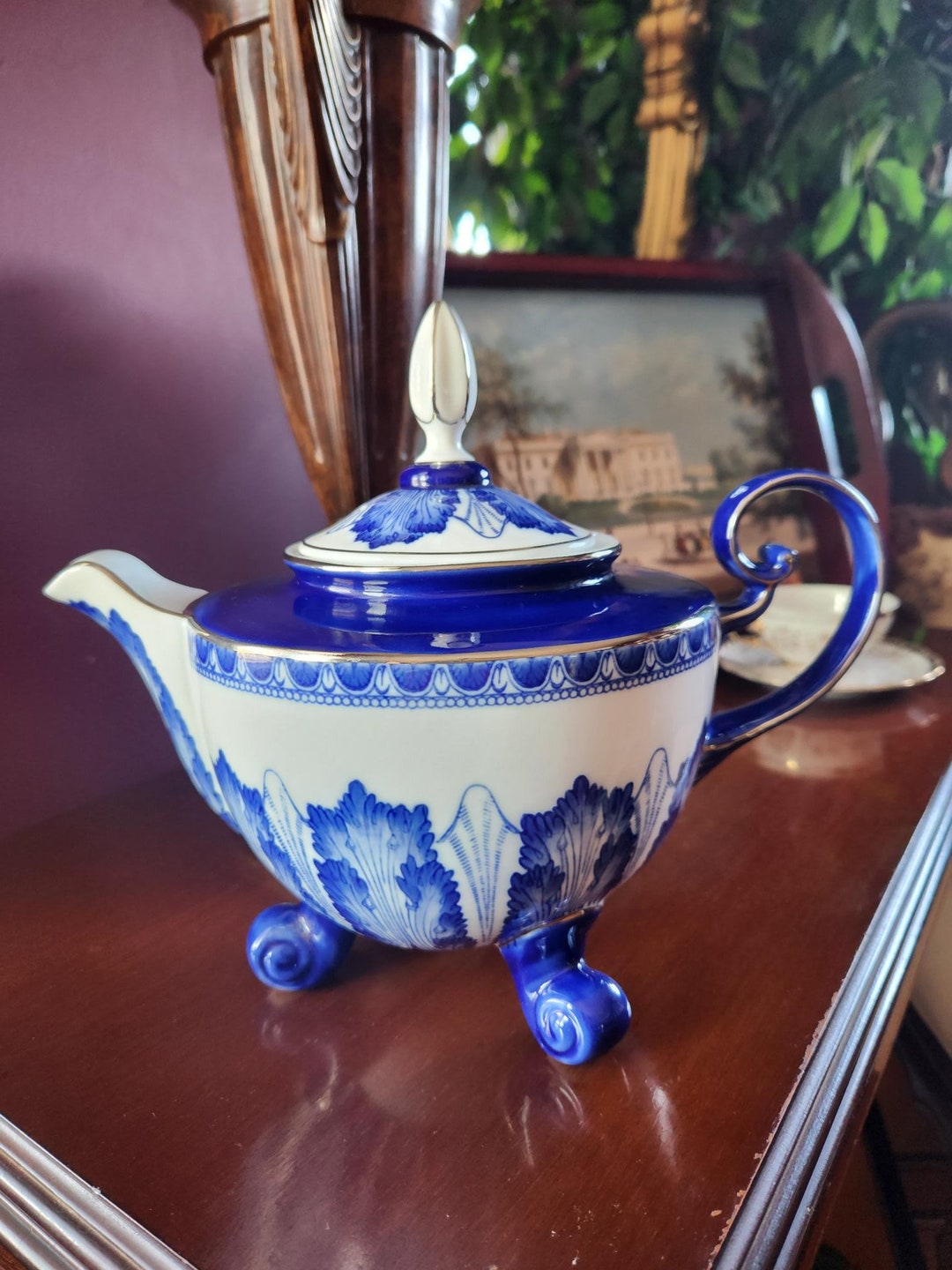 Collectible Traditional Bombay Blue and White Teapot Tri Footed Perfect ...