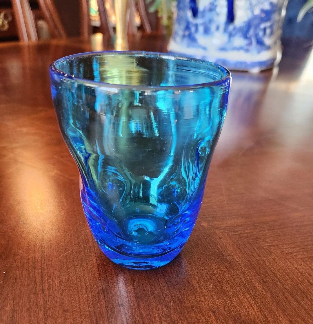 Vintage Blue Hand Blown Dimple Glass Tumbler 4 Tall With Pontil Bottom ...