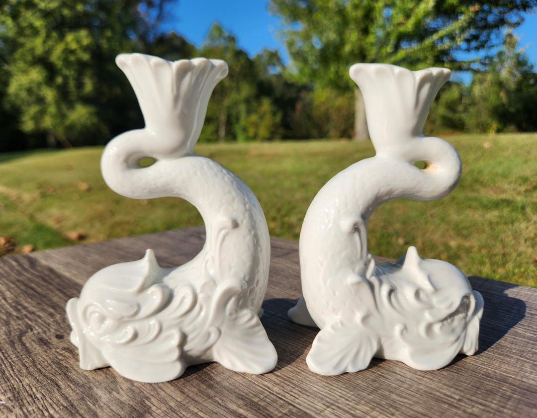 2 Dolphin Candlesticks White 5.5" Unmarked, Home Decor, Home Accent ...