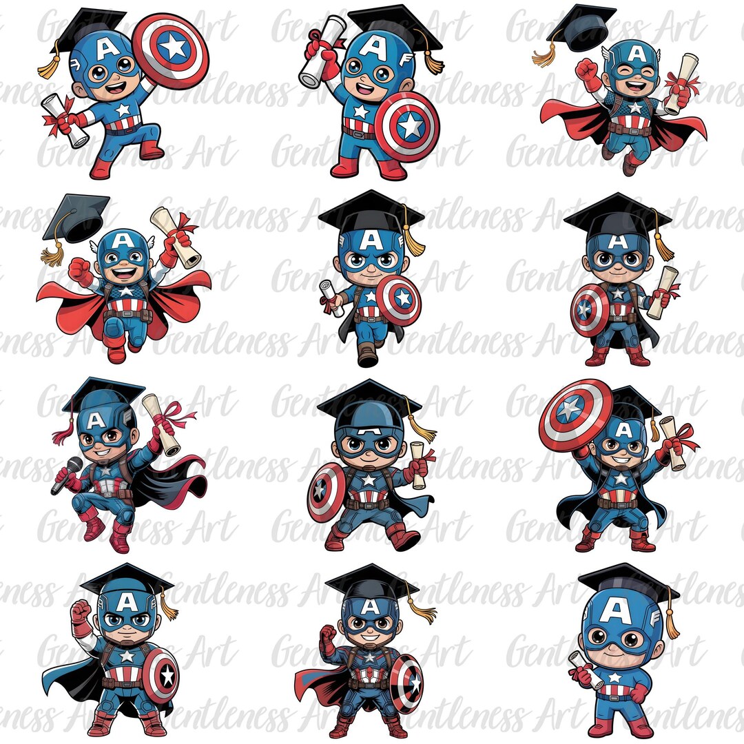 Hero Characters Graduation 2025 Png Bundle, Cute Cartoon Graduation Cap ...