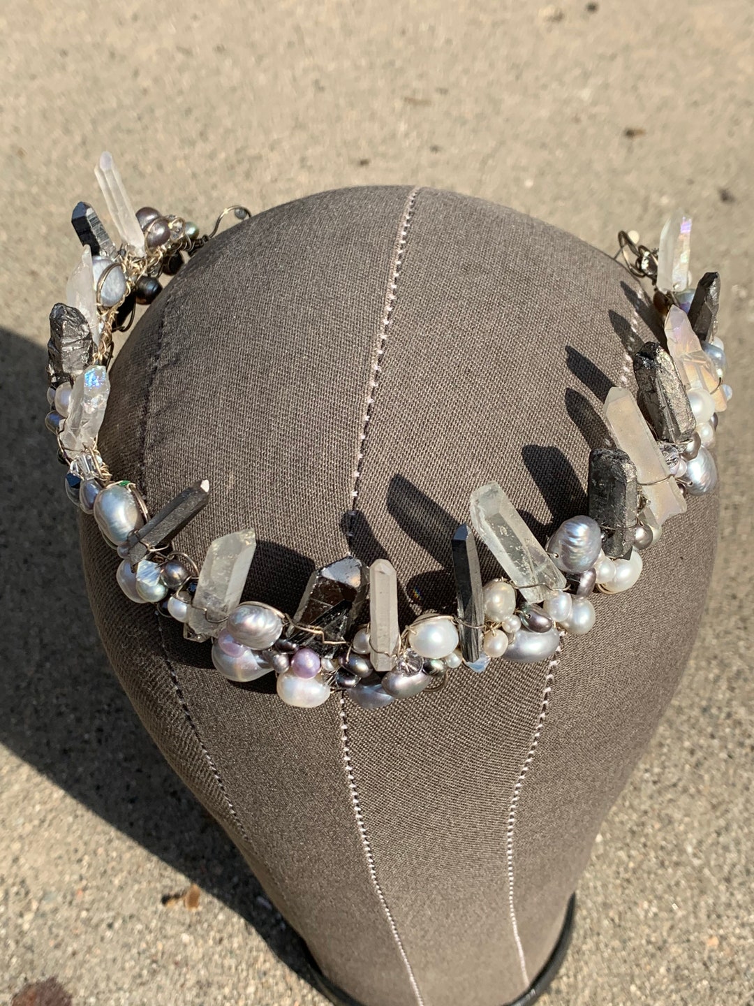 Semi Precious Stone Tiara With Raw Aura Quartz Crystal Points, Pearls ...