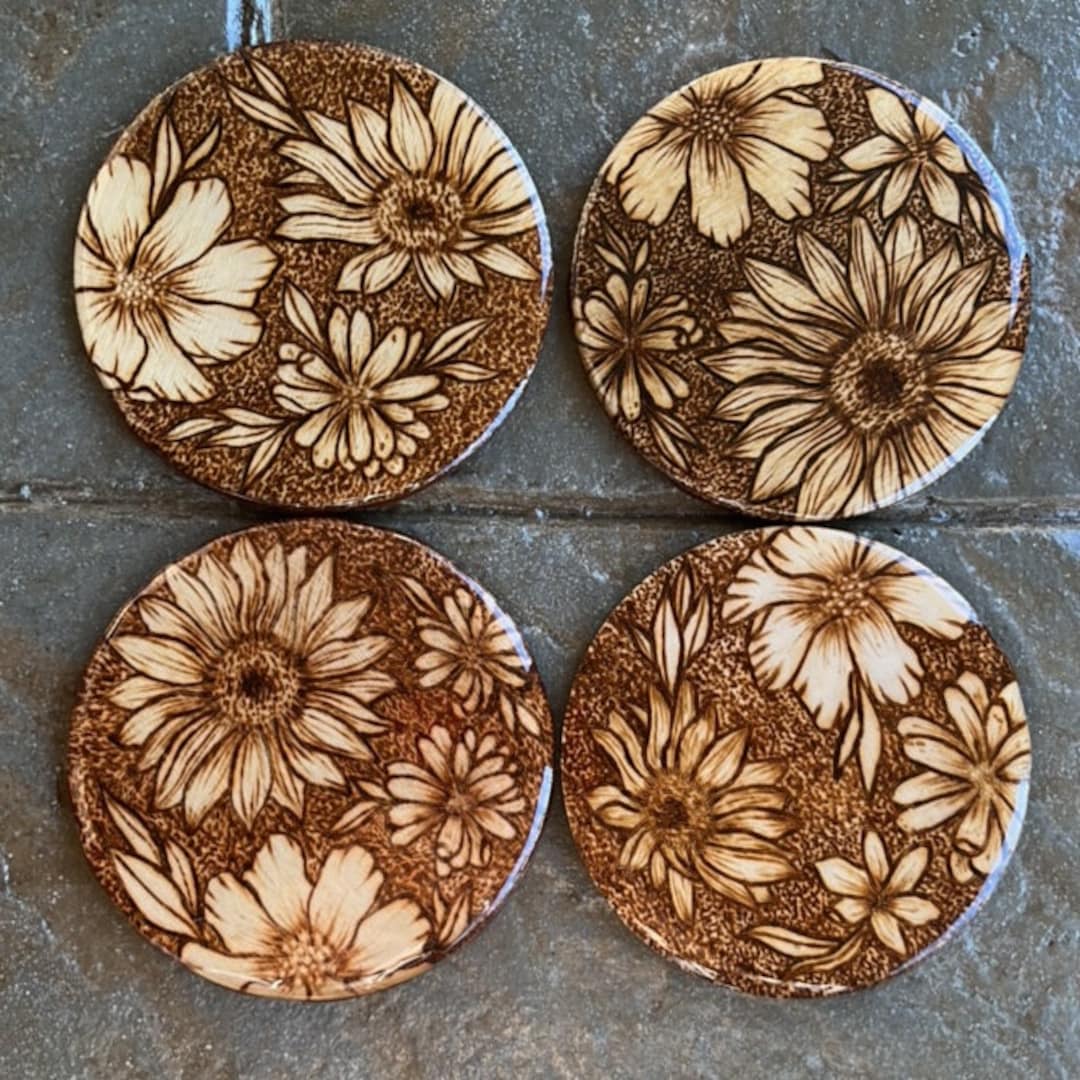 Epoxy Wood Burned Coasters - Flowers - Etsy