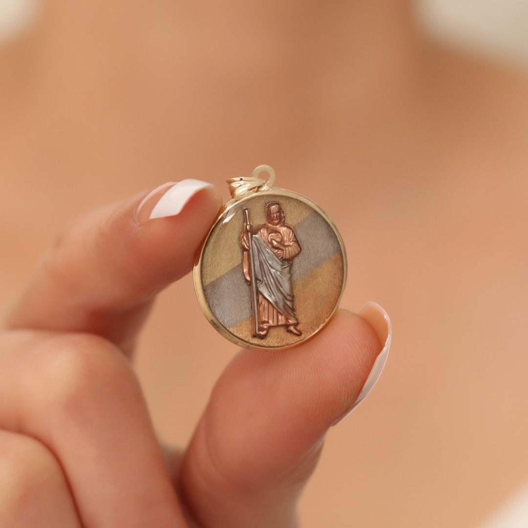 14k Real Solid Gold Saint Jude Pendant Large Religious Unisex Pendant