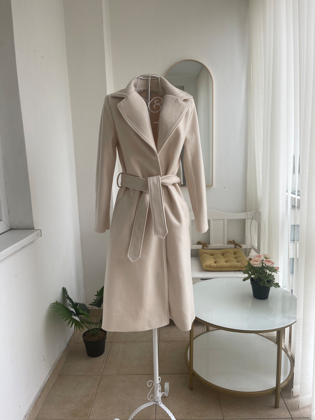Ivory Wool Winter Long Coat Fashionable Wool Trench Coat Knee Length ...
