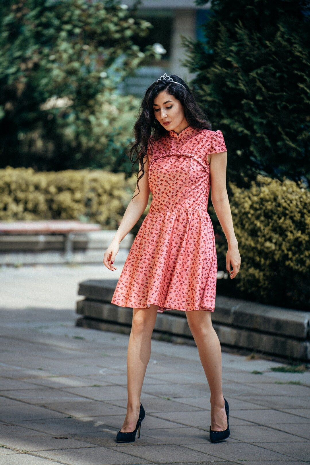 Chelsea Curves Dress Roses Outfit Midi Dress Ruffles Mandarin Collar ...