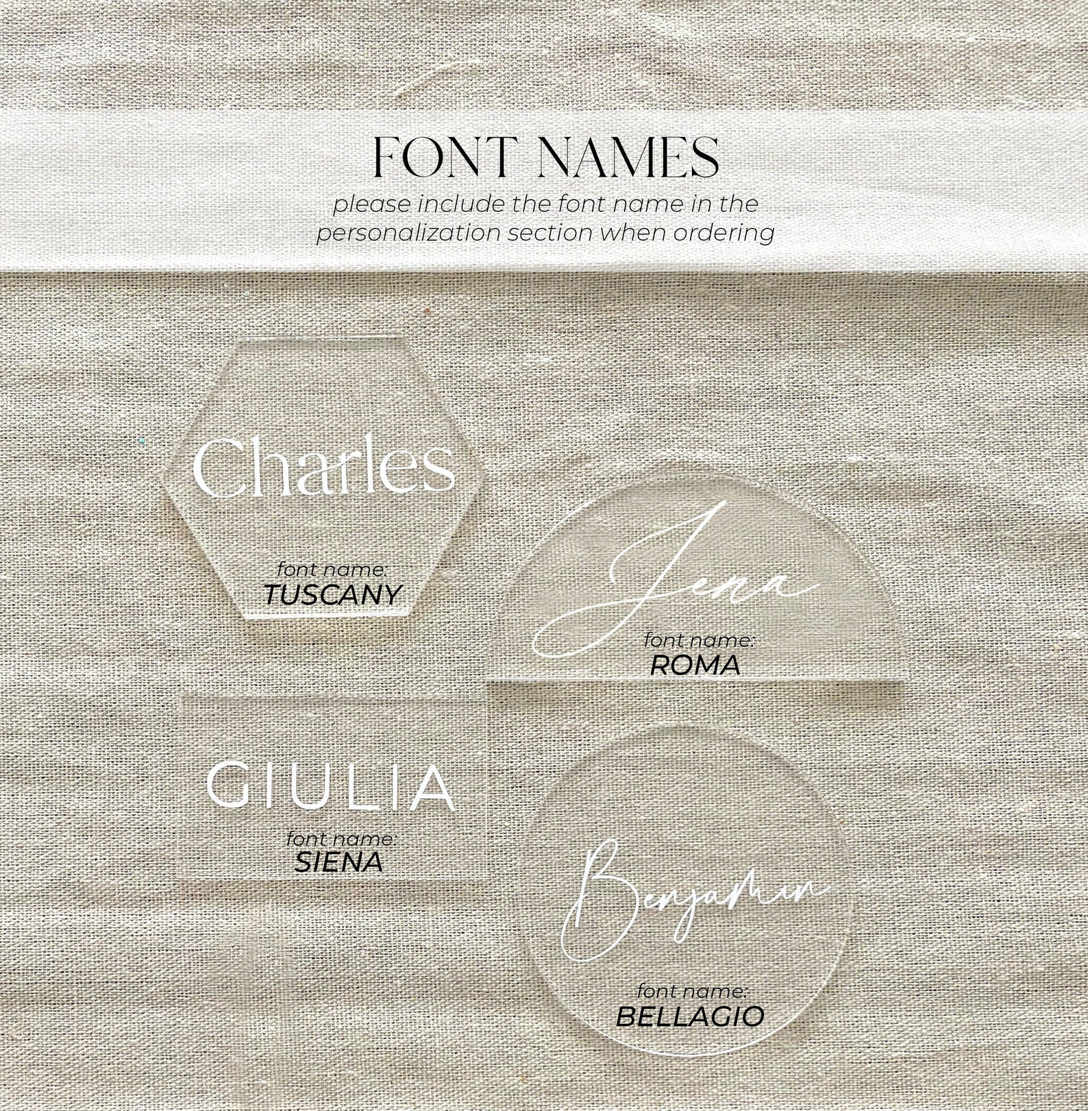 Modern and Minimal Acrylic Placecards | Clear Acrylic | Semicircle ...