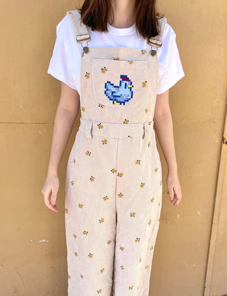 Embroidered Chicken Stardew Valley Overalls: Floral Long Pants - Etsy