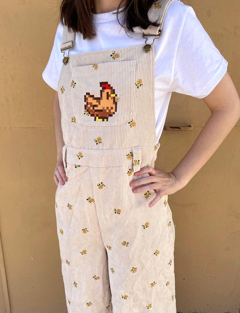 Embroidered Chicken Stardew Valley Overalls: Floral Long Pants - Etsy