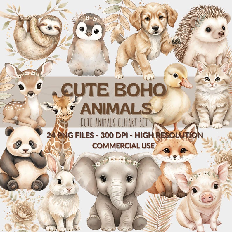 Boho Neutral Watercolour Cute Animal Clipart | Baby Animals | Nursery ...