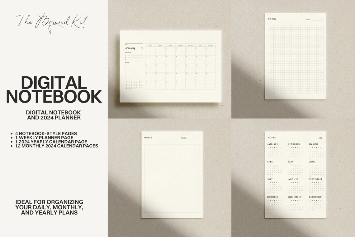 Printable Beige Notebook & 2024 Calendar Set | Daily, Monthly, Yearly ...