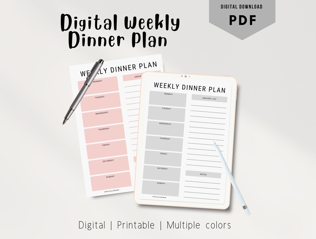 Digital Weekly Dinner Planner | Multiple Colors | Pdf | Digital ...