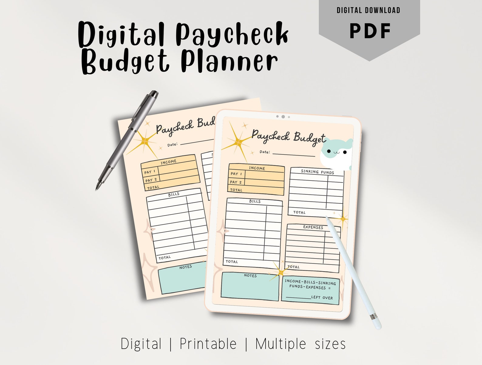 Cute Cat Digital Paycheck Budget Worksheet | Cash Budget | Cash ...