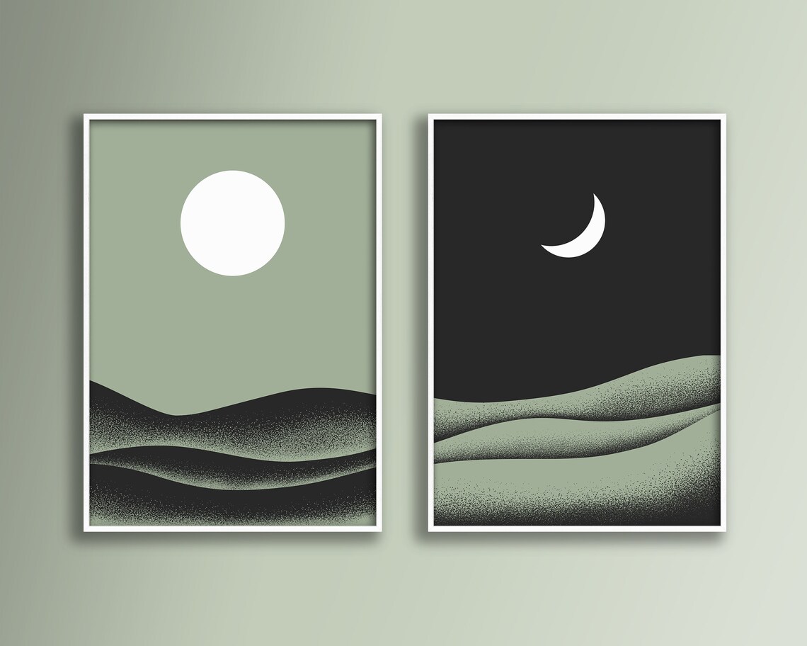 Set of 2 Sun and Moon Wall Art 2 Piece Art Prints Abstract - Etsy