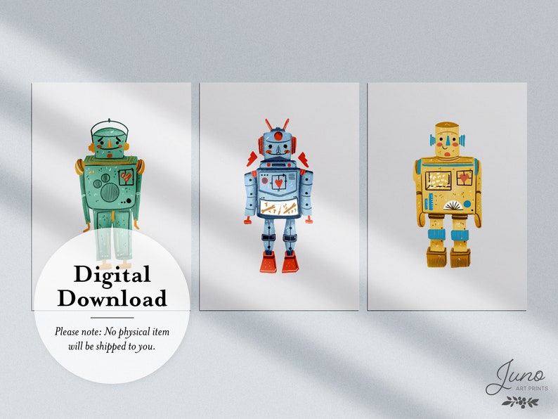 Set of 3 Kids Retro Robot Wall Prints, Printable Robot Art for Nursery ...