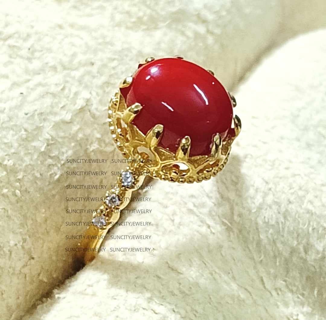 Natural Coral Ring-coral Ring for Women-real Coral Gemstone-yellow Gold ...