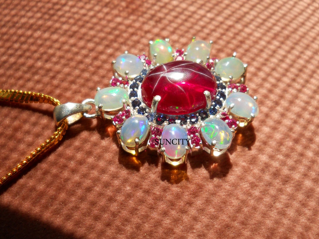 Opal and Star Ruby Necklace Large Jewelry Cocktail Necklaces for Her ...