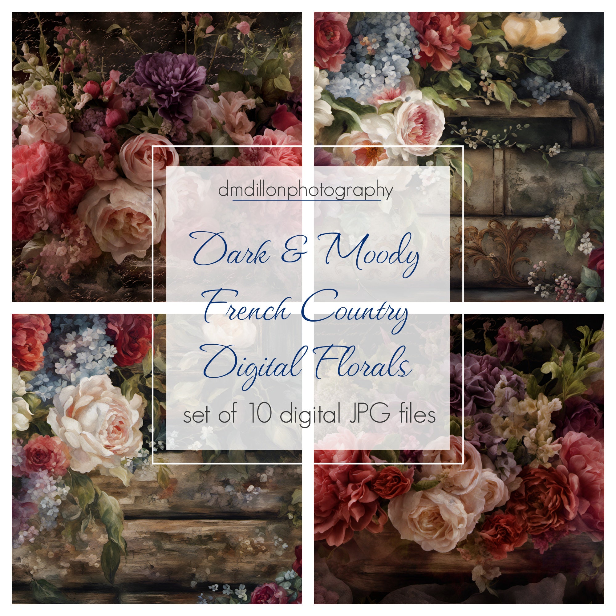 Dark and Moody, Vintage, French Country, Shabby Chic Digital Florals ...