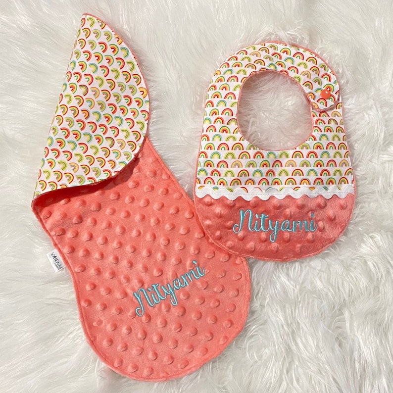 Rainbow Embroidered Baby Burp Cloth & Bib Set: Personalized Minky ...