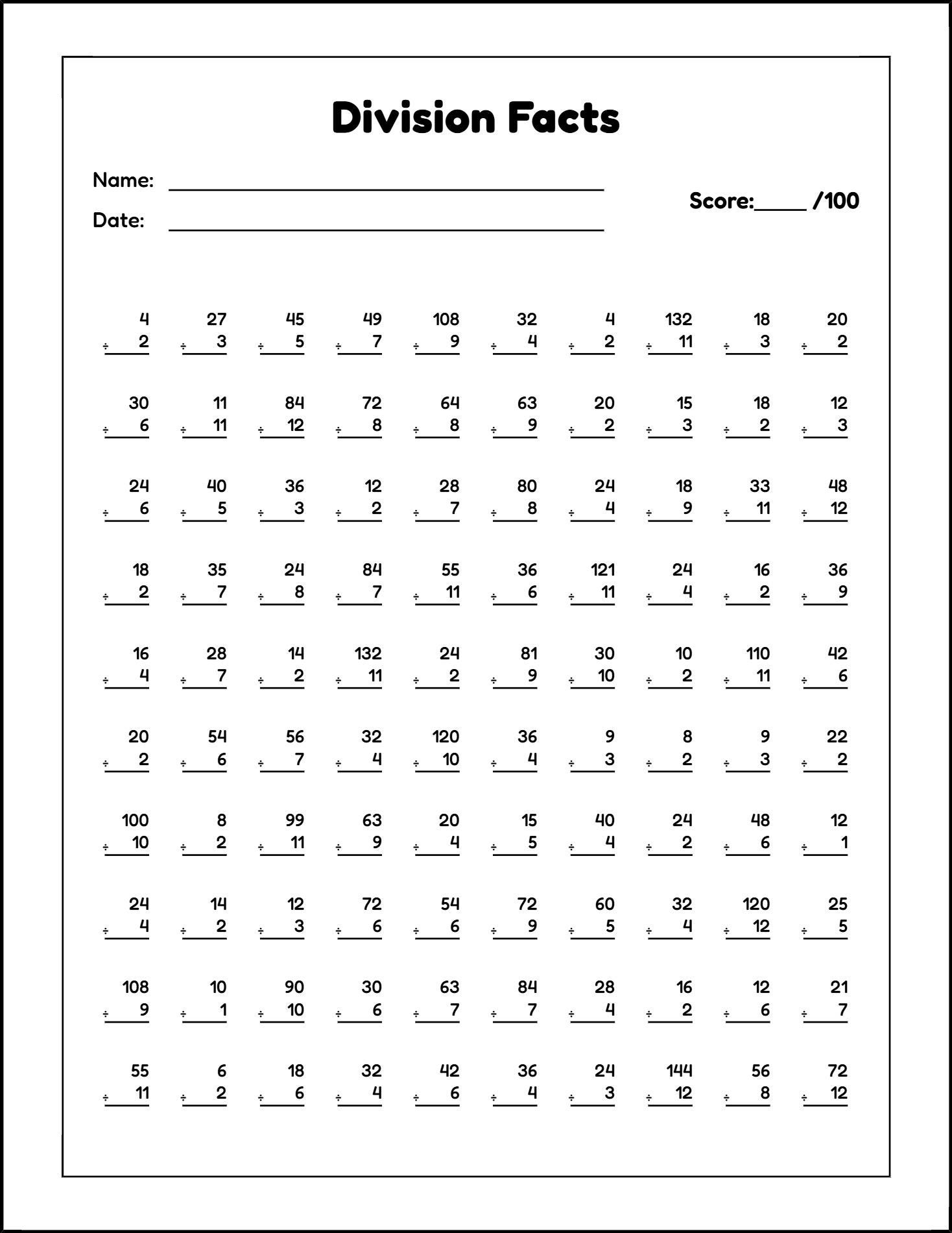 Printable 1-12 Division Table, Division Chart, and 1-12 Division ...