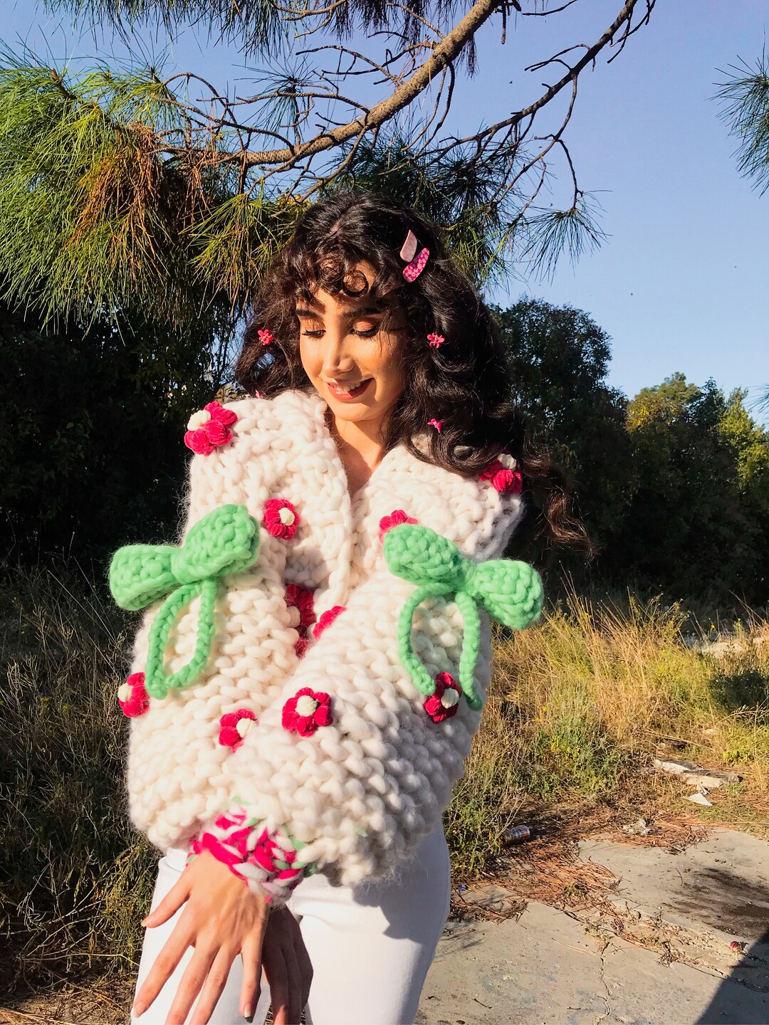 Funyarns, Bow Daisy Cardigan, Daisy Knit Jacket, Pink Daisy Cardigan ...