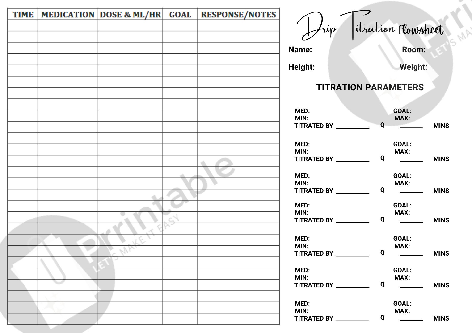 Nursing Drip Titration Flowsheet Nursing Student Titration - Etsy Australia