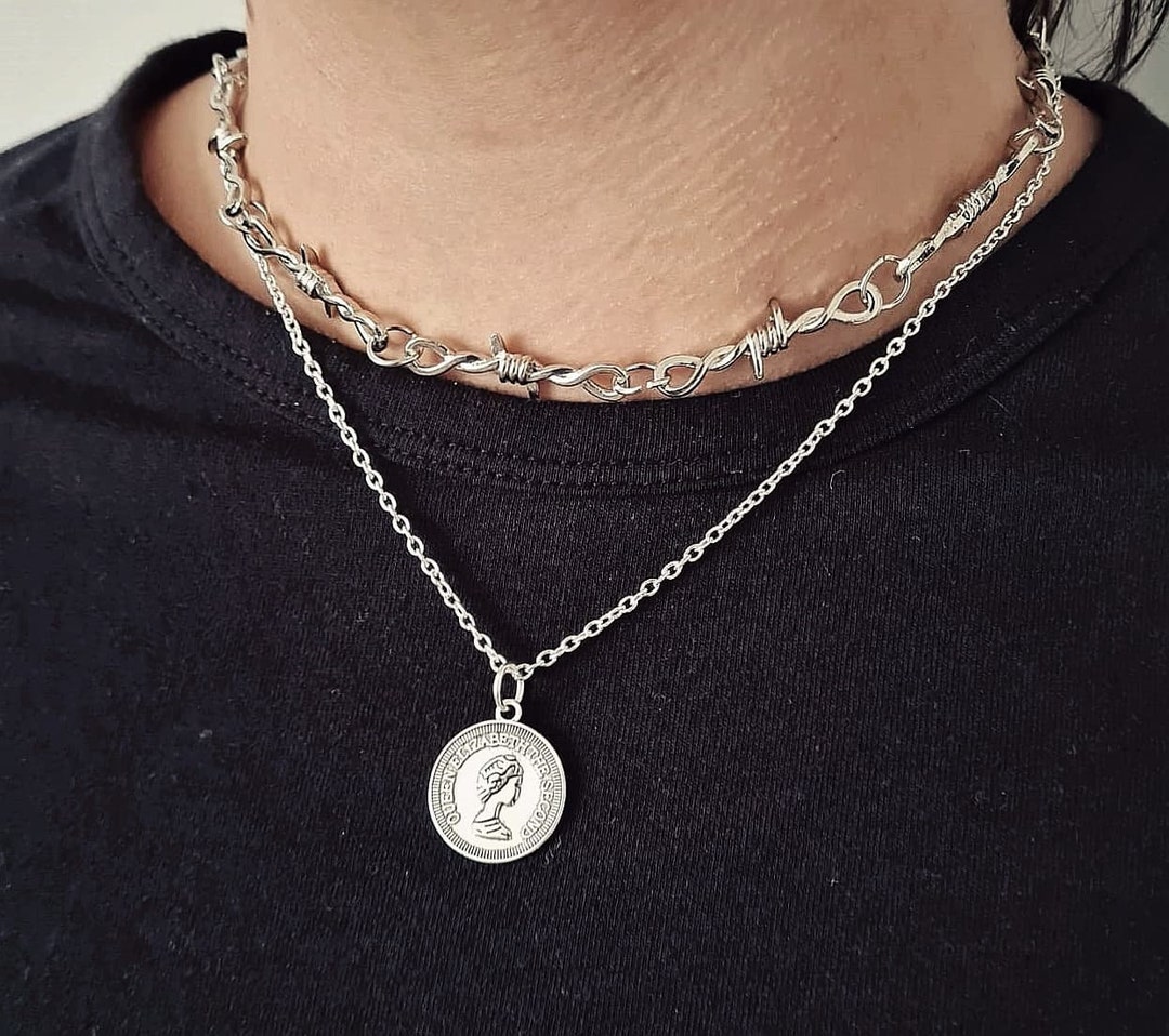 Barb Wire Choker, Barb Wire Necklace, Coin Pendant Choker, Barbed Wire ...