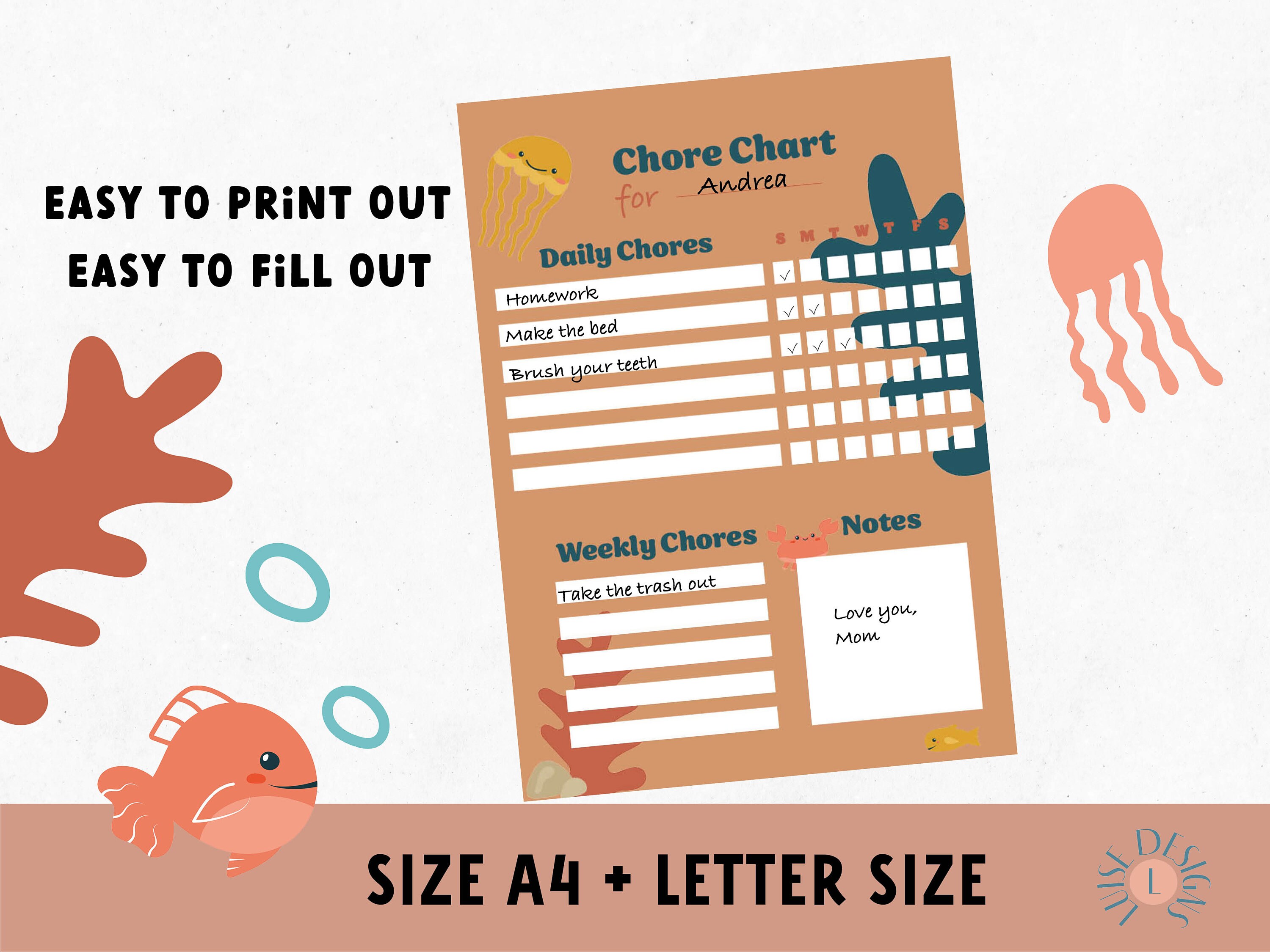 Kids Chore Chart, Under the Sea Theme, Responsibility Tracker, Chore ...