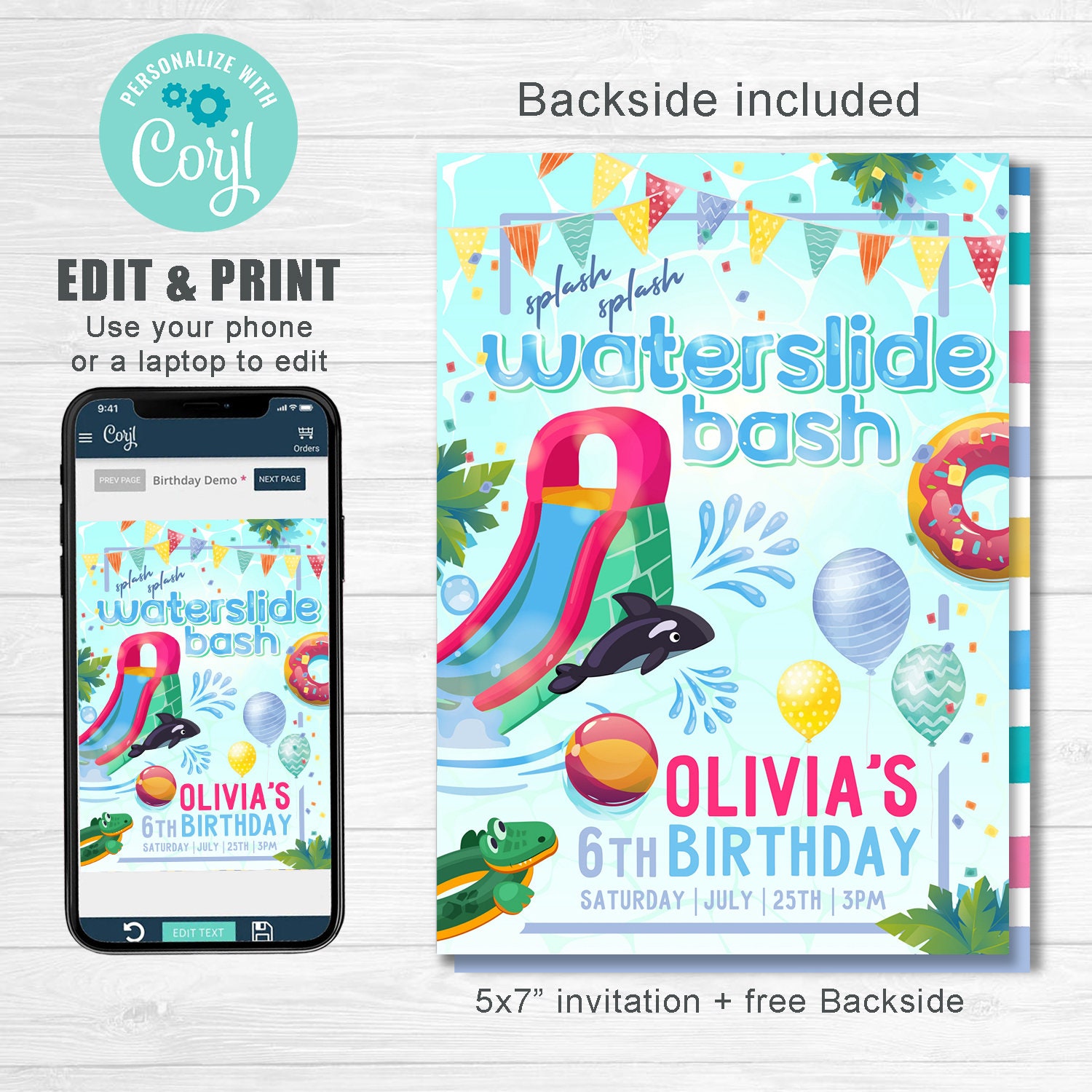 Water Slide Birthday Invitation Girl Water Slide Party Backyard ...