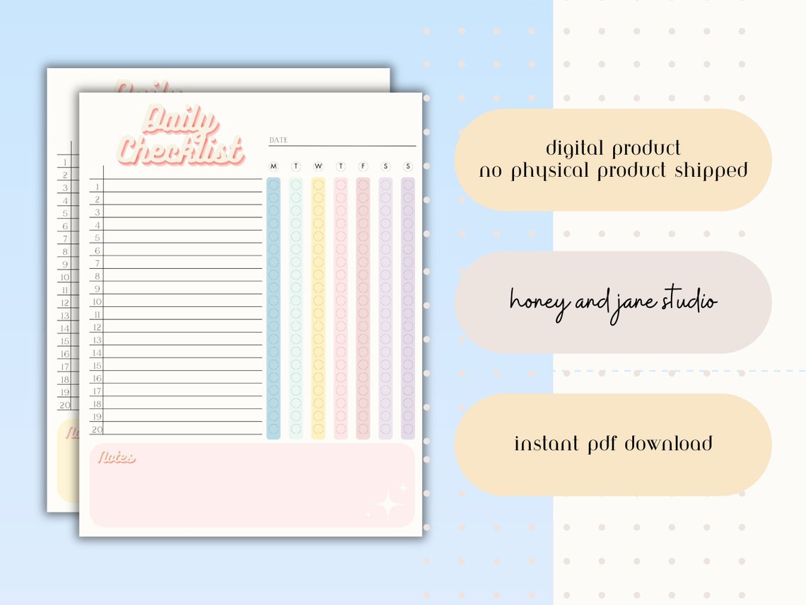 Digital Daily Checklist Printable Weekly to Do List Weekly Checklist ...