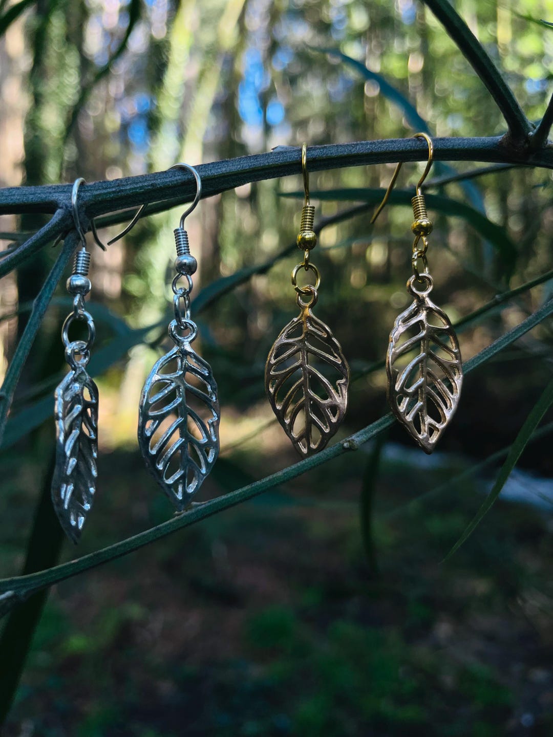 Minimalist Hollow Leaf Drop Earrings • Silver and Gold Filigree Leaf ...