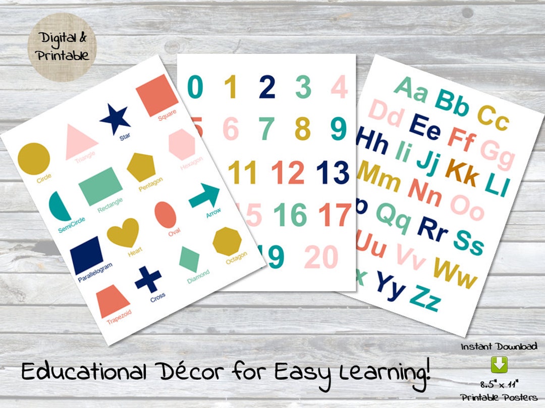 Kids Educational Posters for at Home Learning, Shapes, Letters, Numbers ...