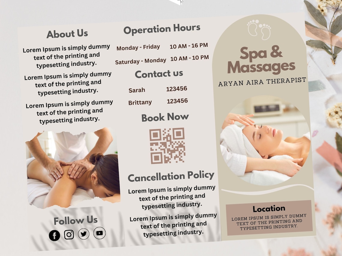 Massage Therapist Brochure Template, Massage Tri Fold Brochure, Spa, Canva Template, Editable ...