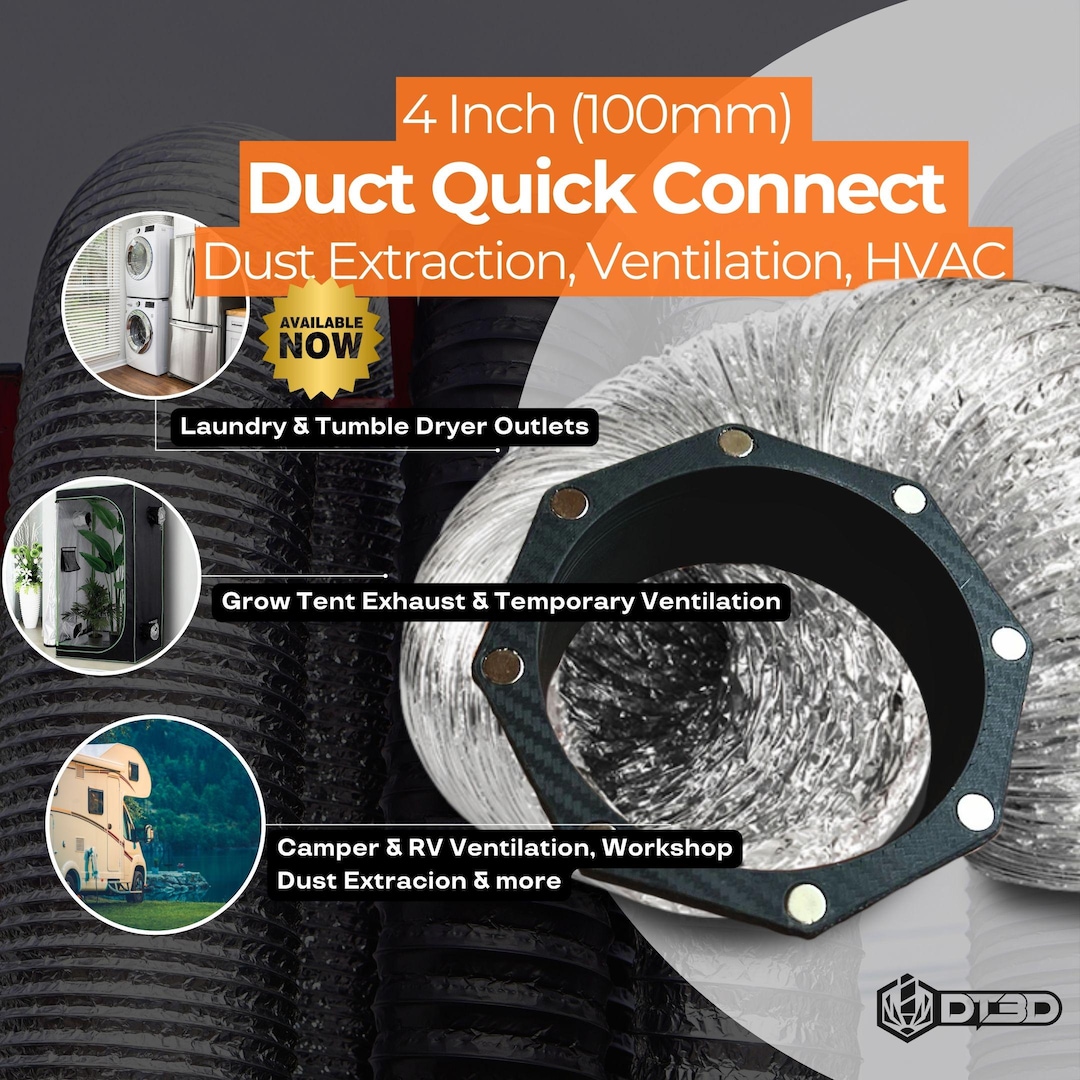 Quick Connect Duct Adapter (100 Mm, 4 In) Solid ABS - Strong Magnets ...