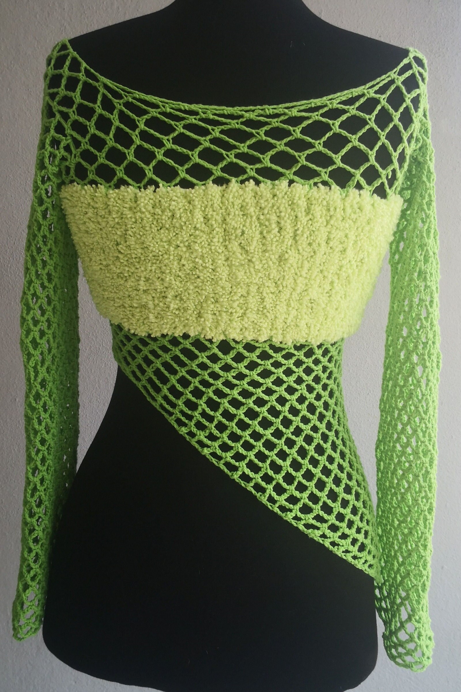 Neon Green Bustier, Crochet Fishnet Bralette, Asymmetric Crop Top, Boho ...