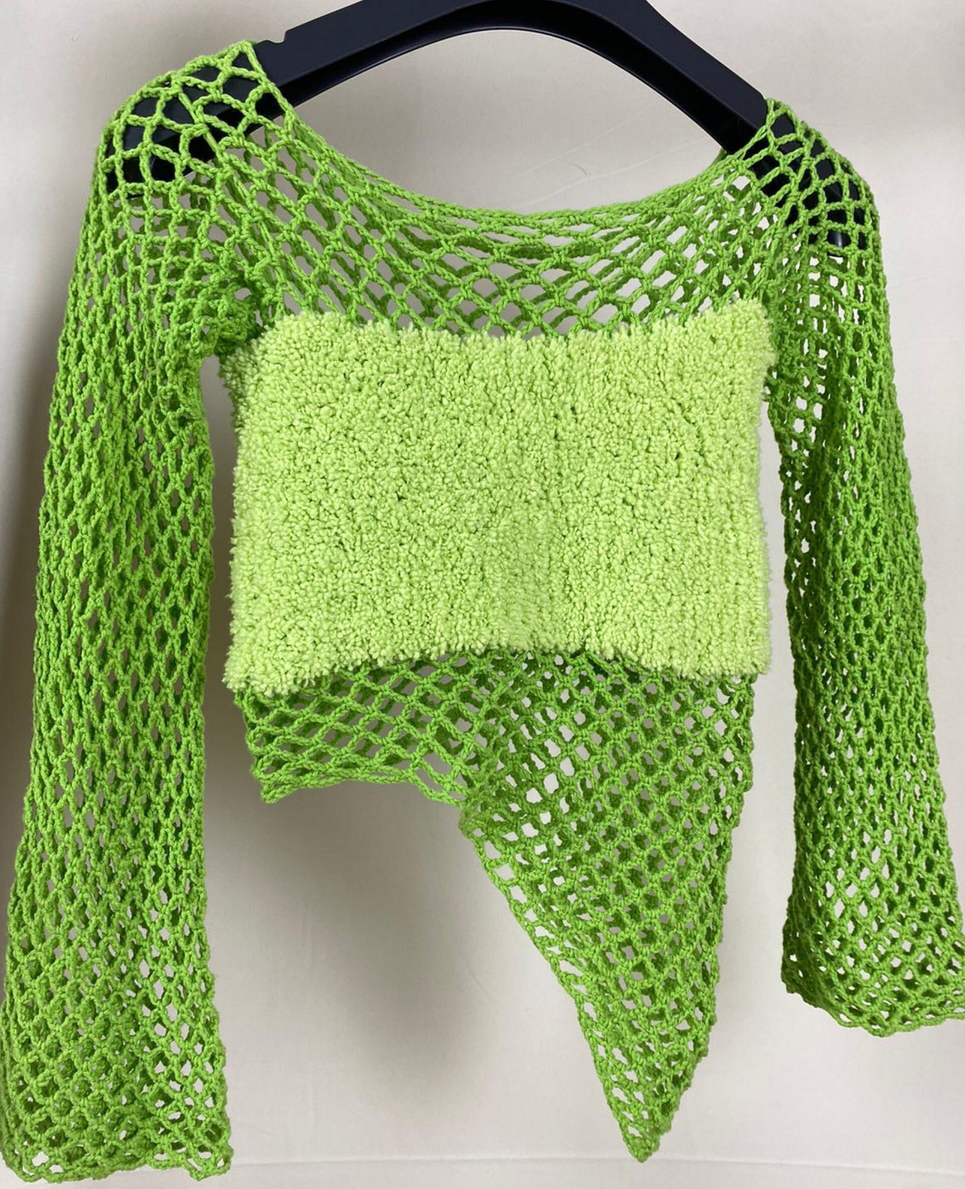 Neon Green Bustier, Crochet Fishnet Bralette, Asymmetric Crop Top, Boho ...