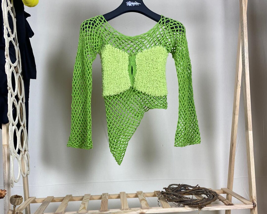 Neon Green Bustier, Crochet Fishnet Bralette, Asymmetric Crop Top, Boho ...