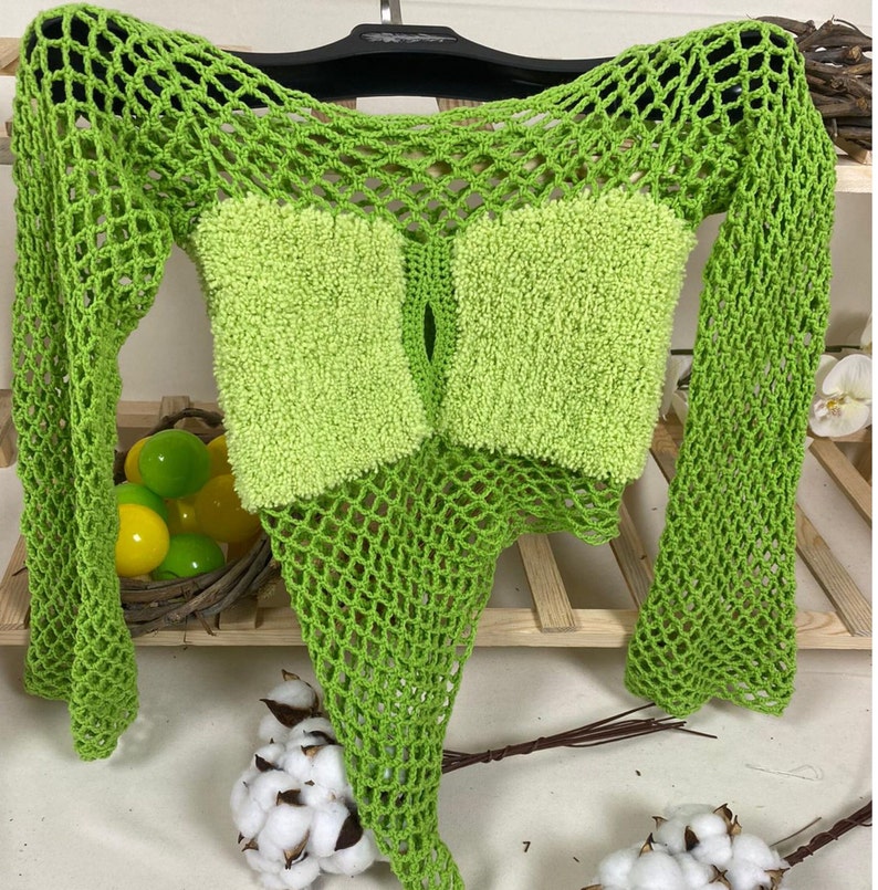 Neon Green Bustier, Crochet Fishnet Bralette, Asymmetric Crop Top, Boho ...
