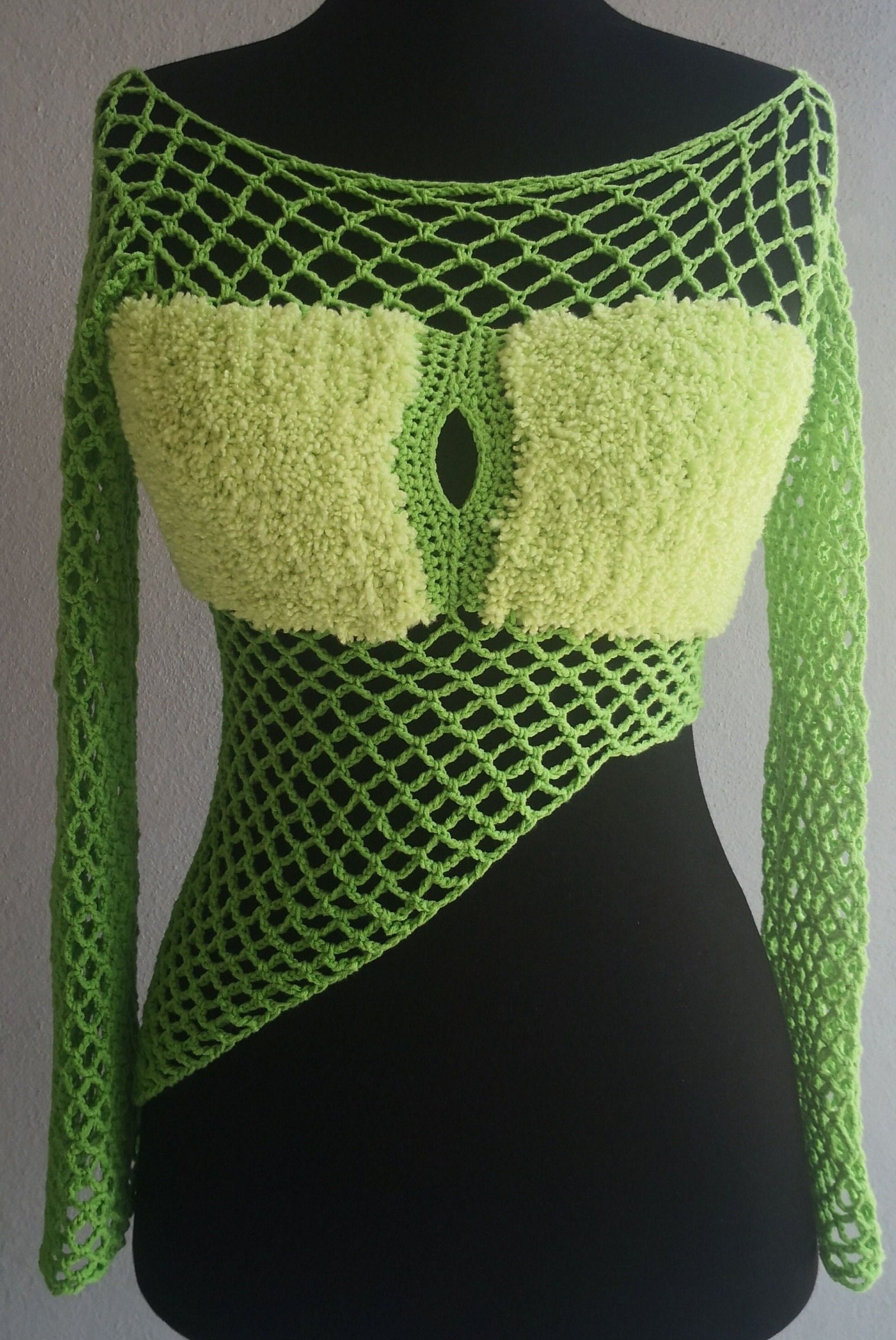Neon Green Bustier, Crochet Fishnet Bralette, Asymmetric Crop Top, Boho ...