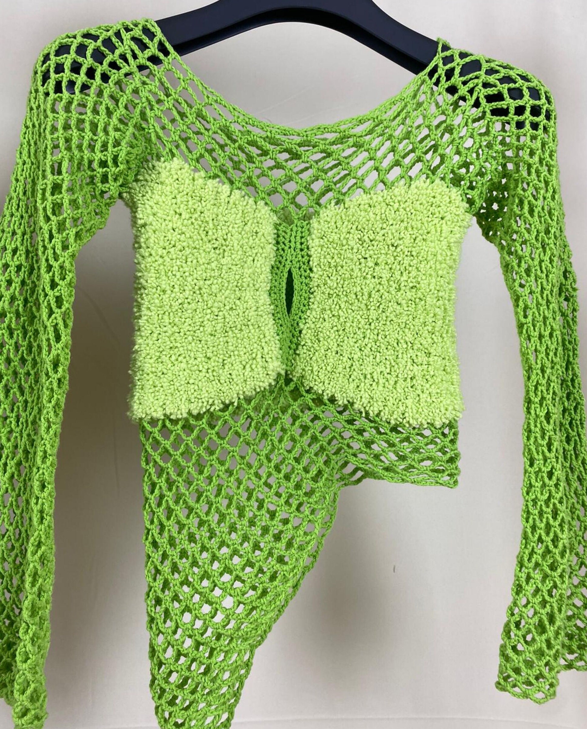 Neon Green Bustier, Crochet Fishnet Bralette, Asymmetric Crop Top, Boho ...