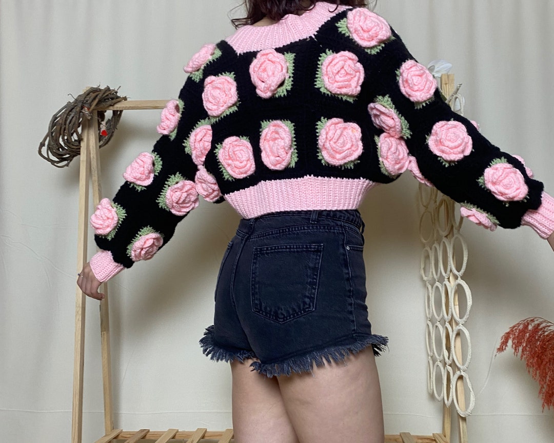 Jumbo Rose Knit Cardigan Long Sleeve Crochet Floral Garden Jacket ...