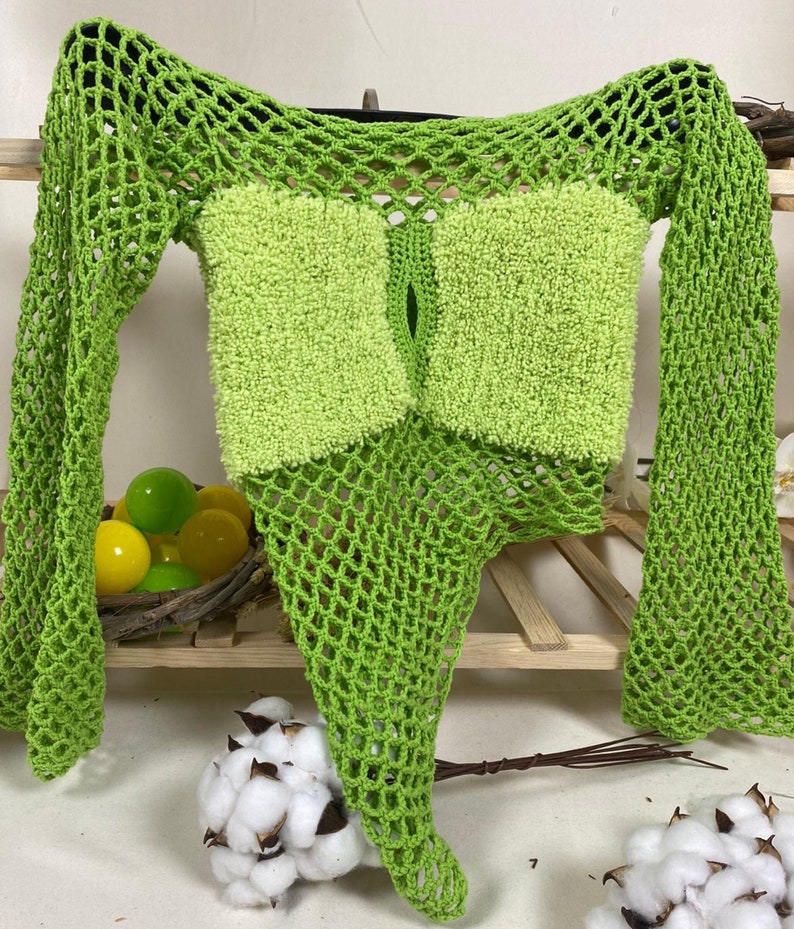 Neon Green Bustier, Crochet Fishnet Bralette, Asymmetric Crop Top, Boho ...